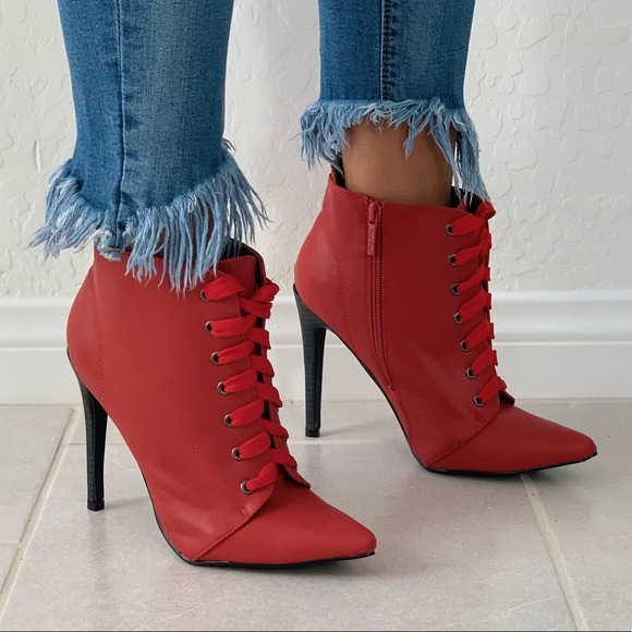 Nordstrom | Shoes | Red Pointy Toe Lace Up Stiletto Heel Ankle Bootie ...